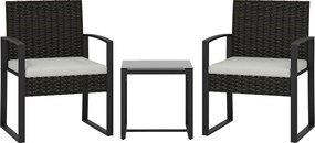 Ratanový bistro set, 3dílná sada zahradního nábytku se 2 zahradními židlemi, konferenčním stolkem, odnímatelnými polštáři krémově bílá