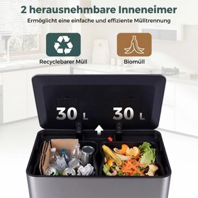 Costway 60 L kuchyňský odpadkový koš z nerezové oceli s pedálem a víkem s měkkým