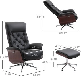 HOMCOM Relaxační křeslo s podnožkou - TV křeslo s čalouněním, 360° otočné, 145° nastavitelné, retro design Chesterfield, PU potah, dřevěné detaily, k…