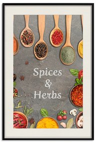 Plakát Kulinářské nezbytnosti - barevná kompozice bylin a zeleniny na kamenné desce