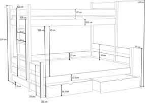 Dětská patrová postel z masivu borovice s rozšířeným spodním lůžkem BERTA se šuplíky - 200x90/140 cm - PŘÍRODNÍ BOROVICE