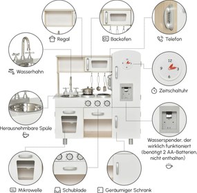 HOMCOM Dětská kuchyňka s příslušenstvím, kuchyňka snů pro děti od 3 let, kuchyňka na hraní z borovice a MDF, bílá, 74 x 30 x 81 cm |