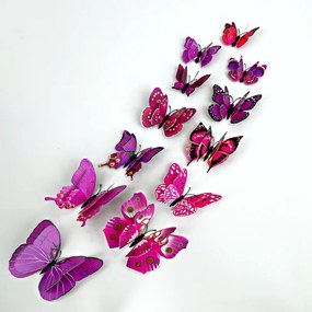 Samolepka na zeď "Realistické plastové 3D Motýli s dvojitými křídly - Fialové" 12ks 6-12 cm