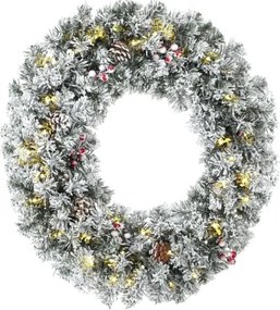 HOMCOM zasněžená vánoční girlanda 60 cm s LED světly, tartanovou mašlí, větvemi, šiškami, bobulemi, zelená
