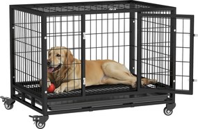 PawHut Metalová klec pro psy s kolečky a brzdami, odnímatelný zásobník a dvířka s pojistkou pro zlatého retrívra labradora 92x62x75 cm Černá | Aosom