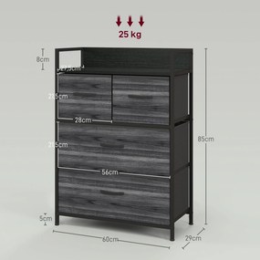 HOMCOM komoda, sideboard, 4 látkové zásuvky, průmyslový design, 60x29x85 cm, černá