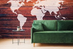 Samolepící tapeta mapa světa s dřevěným pozadím - 375x250 cm