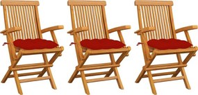 vidaXL Zahradní židle s mi poduškami 3 ks masivní teak [3062530] Barva: Červená