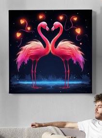 Obraz na plátně - Plameňáci, zamilovaný růžový pár se svítícími srdci FeelHappy.cz Velikost obrazu: 100 x 100 cm