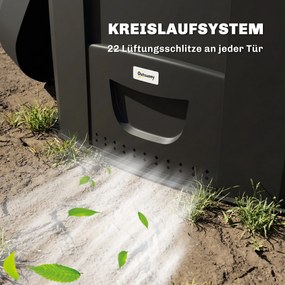 Outsunny kompostér na zahradu, 240 l, trojúhelníkový s 3 dvířky, 66 větracími otvory a otevřeným dnem — včetně rukavic a šroubováku, černý