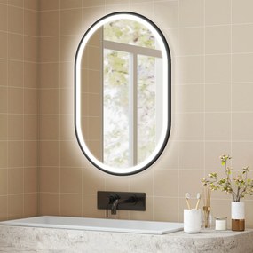 HOMCOM zrcadlo do koupelny se světlem 60x90 cm oválné nástěnné zrcadlo 3 barvy světla stmívatelné protimlhové černé