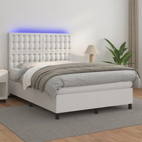 Box spring postel s matrací a LED bílá 140x200 cm umělá kůže