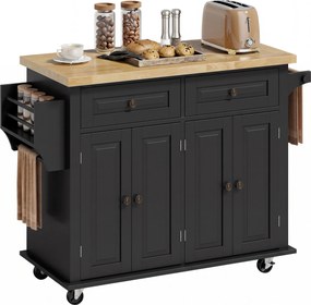 HOMCOM kuchyňský ostrov na kolečkách, kuchyňský příborník s policí na koření a boční lištou, 111 x 44,5 x 82,5 cm, černý