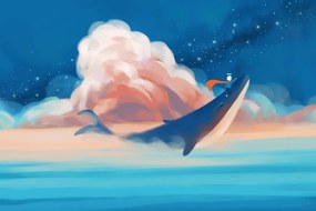 DIMEX | Samolepicí vliesová fototapeta na zeď Dítě jede na velrybě MA-5-1441 | 375 x 250 cm | modrá, oranžová, růžová