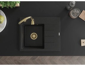 Mexen Ben, 1-komorový granitový dřez 600x500x190 mm, levý + zlatý sifon, černá-stříbrná metalíza, 6522605000-73-G