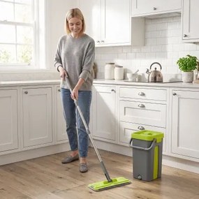 HOMCOM sada na mop a kyblík se ždímacím systémem, plochý mop, 2 komory, otočná hlava, mokré/suché, tmavě šedá