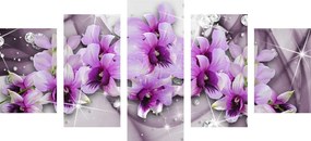 5-dílný obraz fialové květy na abstraktním pozadí - 200x100 cm