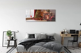 akrylový obraz Ozdoby na vánoční stromeček dárky ohniště 120x60 cm