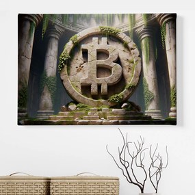 Obraz na plátně - Bitcoin, kamenné logo v opuštěném chrámu FeelHappy.cz Velikost obrazu: 60 x 40 cm