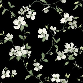 Černá vliesová tapeta s květinami a vážkami, BL1764, Blooms Second Edition Resource Library, York