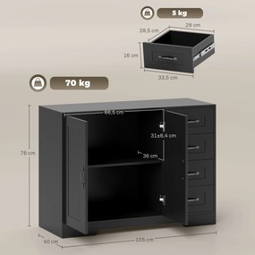 HOMCOM Sideboard, komoda, moderní styl, 4 zásuvky, 1 skříňka, 105 x 40 x 76 cm, černá