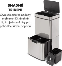 Klarstein TouchLess, odpadkový koš, senzor, 72 l, 4 nádoby, ABS / PP / ušlechtilá ocel