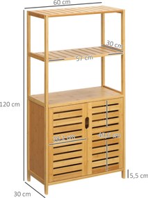 Kleankin koupelnová skříňka se 2 otevřenými policemi a skříňkou se 2 dvířky, úsporná bambusová skříňka 60x30x120 cm, přírodní