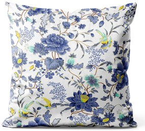 Dekorační velurový polštář Rostlinná arabeska modrá - barevná kompozice květin