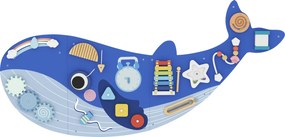 AIYAPLAY Montessori motorická deska 13v1 dřevěné Busy Board ve tvaru velryby, nástěnně montovaná herní deska s xylofonem, hodinami a ozubenými koly