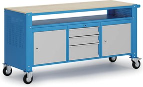 Pojízdný dílenský stůl G9, 1 horní police, 2 skříňky, 3 zásuvky, 1690 x 595 x 865-1130 mm, šedá/modrá