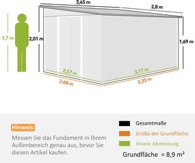 Outsunny přístřešek 8.9 ㎡ Ocelový zahradní přístřešek s jednoplášťovou střechou a posuvnými dveřmi, větrací otvory, 280x345x201cm, šedý| Aosom