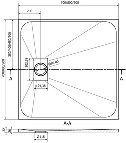 Mexen Hugo, čtvercová sprchová vanička SMC 70 x 70 cm, černá, zlatá krytka, 42707070-G