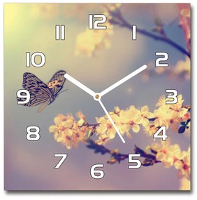 Wallmuralia Skleněné hodiny čtverec Květ višně a motýl 30x30 cm