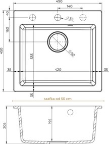Sink Quality Ferrum 50, kuchyňský granitový dřez 490x450x195 mm + sifon, černá, SKQ-FER.C.1K50.X