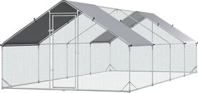 PawHut Velký venkovní kurník 24 m² pro 16-24 slepic 3x8x2 m Galvanizovaný ocelový kurník s PE krytem a zámkem - Stříbrný | Aosom