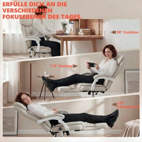 HOMCOM Kancelářská židle s vysokým opěradlem s vibrační masáží a vyhříváním, ergonomická, naklápěcí, s opěrkou nohou, krémově bílá