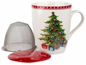 Altom Porcelánový hrnek s víčkem a sítkem Christmas tree, 300 ml