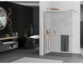 Mexen Kioto+, sprchová zástěna Walk-In s poličkou a věšákem 120 x 200 cm, 8mm čiré sklo, měděný matný profil, 800-120-121-65-00