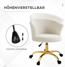 Ergonomická kancelářská židle Vinsetto Teddy Fleece, kosmetická židle, otočná židle s nastavitelnou výškou, polstrované sedadlo a zlatý ocelový rám, …