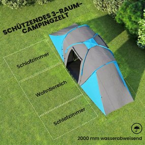 Outsunny rodinný stan pro 4-6 osob, voděodolný 2000 mm, skládací stan s 2 ložnicemi, batoh na kempování 555x225x190 cm, šedý a modrý
