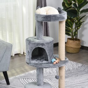PawHut kočičí strom 4-patrová kočičí jeskyně s míčky na hraní a bidýlkem sisalový sloupek škrabadlo plyšové šedé 48x48x104cm pro kočky | Aosom.de