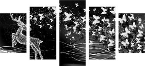 5-dílný obraz nádherný jelen s motýly v černobílém provedení Varianta: 100x50
