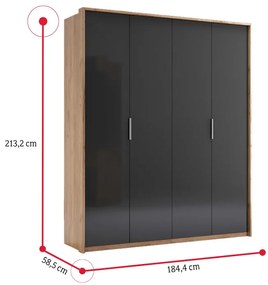 Šatní skříň LUNA 4D, 184,4x213,2x58,5, dub kraft/smooth grey