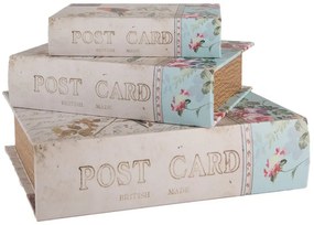 Sada 3 ks úložných boxů ve tvaru knihy s ptáčkem, známkou a nápisem Post Card – 27x22 cm / 22x17 cm / 17x12 cm