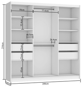 Šatní skříň 200 cm Belini bílý mat s posuvnými dveřmi zrcadlem a zásuvkami  MT SZP5/1/W/W/0/KLAL