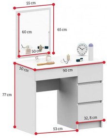 Toaletní stolek T6, 90x72/142x50, 500x600, bílý, levý