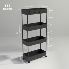 HOMCOM Servírovací Vozík se 4 Úrovněmi – Kuchyňský Vozík s Koly a Háčky, Víceúčelový Vozík pro Kuchyni, Kancelář a Koupelnu, Bílá a Černá