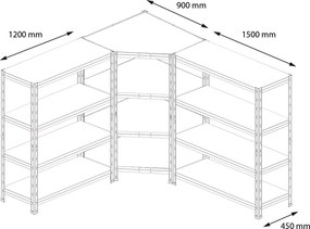 Bezšroubový kovový regál RIVET CORNER PACK 180x210x240x45 cm, 4x HDF police, zinek