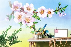 Samolepící tapeta sýkorky a kvetoucí květiny - 225x150 cm
