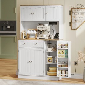 HOMCOM vysoký kuchyňský buffet, kuchyňská skříňka, nabíjecí stanice, 6 dveří, pracovní deska, držák na koření, 100x40x173 cm, bílá